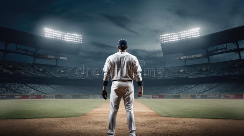 Baseball Player Standing Ready in the Middle of Baseball Arena Stadium ...