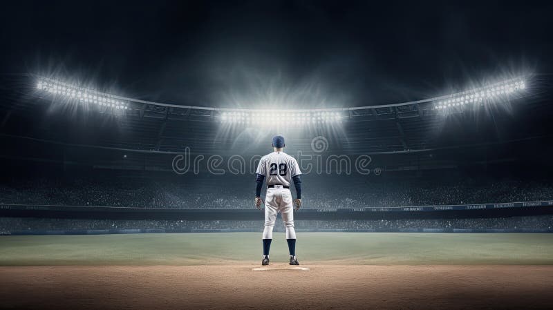 Baseball Player Standing Ready in the Middle of Baseball Arena Stadium ...