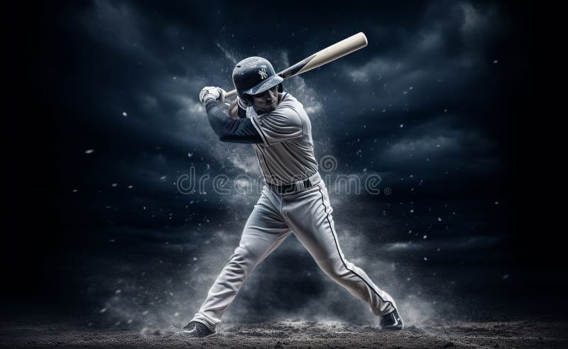 Baseball Player Swinging Bat in Dramatic Pose with Dust and Clouds in ...