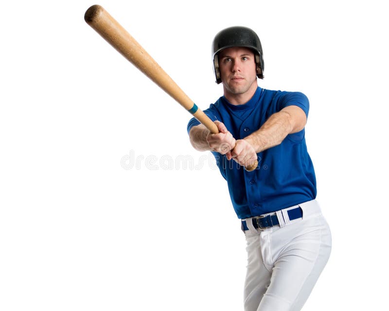 Baseball Player, in Blue Uniform and Cap, Standing on Pitch with Bat ...