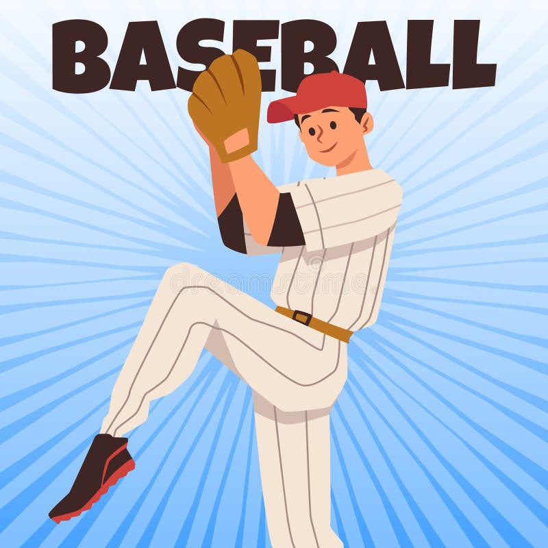 Baseball Poster or Card with Pitcher Throwing a Ball, Flat Vector ...