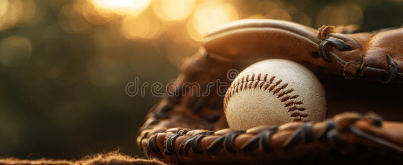The Baseball Resting in a Glove Under a Beautiful Sunset Backdrop..AI ...