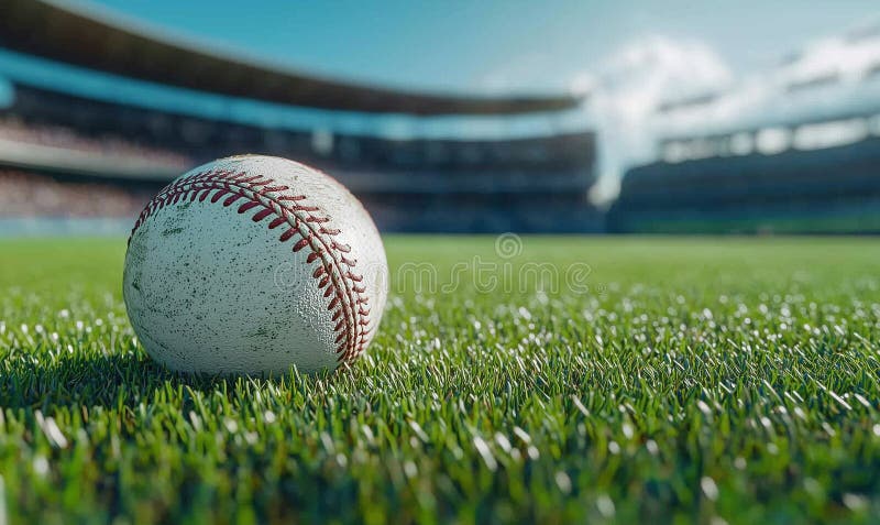 Baseball Resting on Green Grass Field in Stadium Under Clear Blue Sky ...