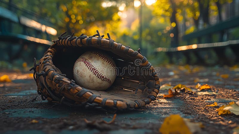 Baseball Resting in an Old Glove, Autumn Leaves on a Park Pathway Stock ...