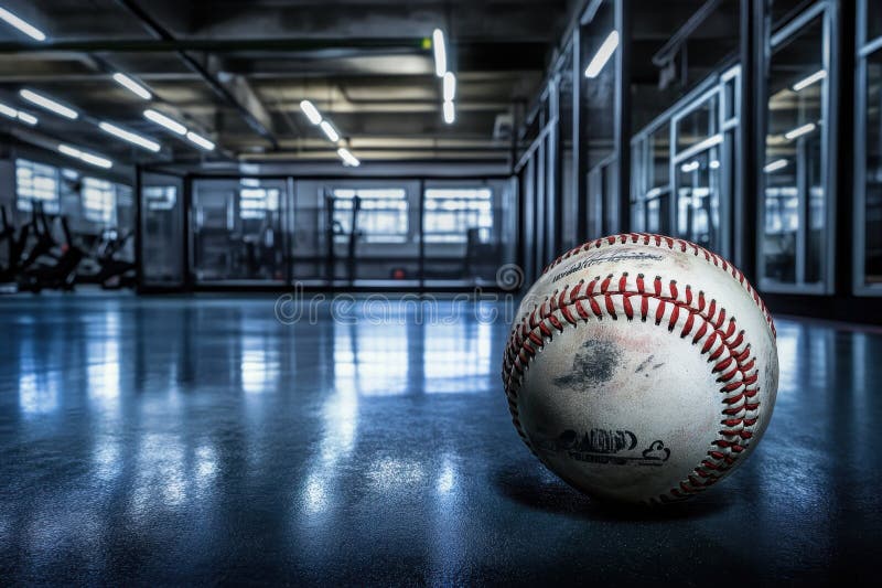 Baseball Resting on a Polished Floor in a Dimly Lit Indoor Training ...
