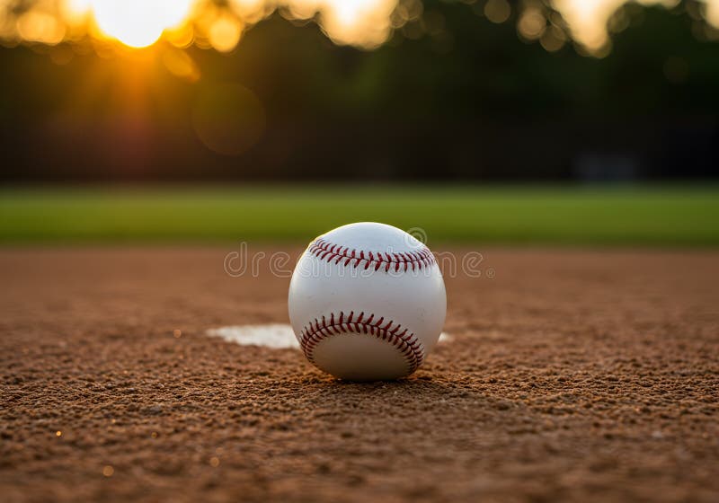 A Baseball Rests on the Pitcher S Mound at Sunset with Trees and Grass ...