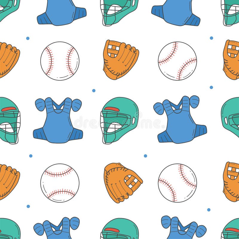 Baseball Seamless Pattern. Catcher Helmet, Gloves, and Ball Pattern ...