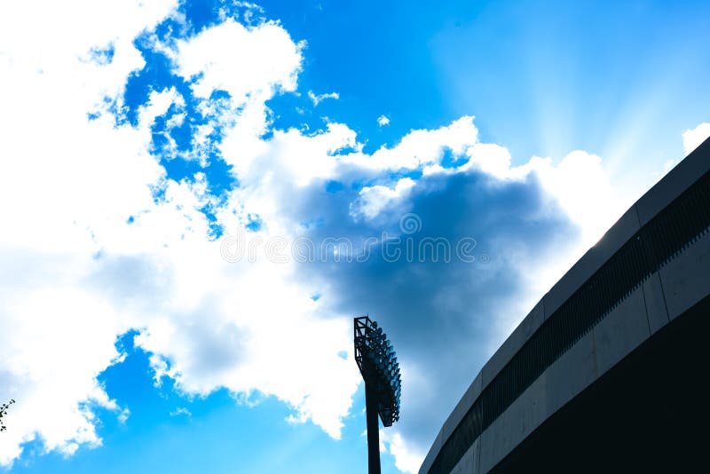 Baseball Field, Blue Sky and Lighting Stock Image - Image of column ...