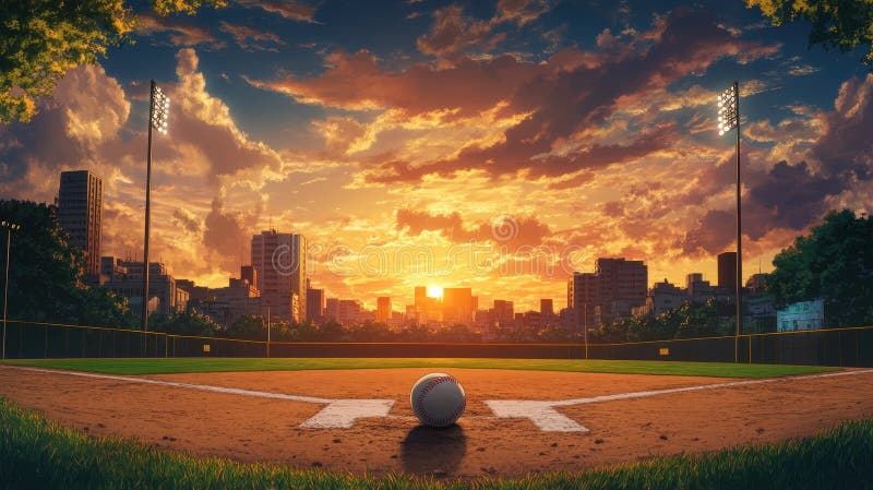 Baseball on a City Field at Sunset Stock Illustration - Illustration of ...