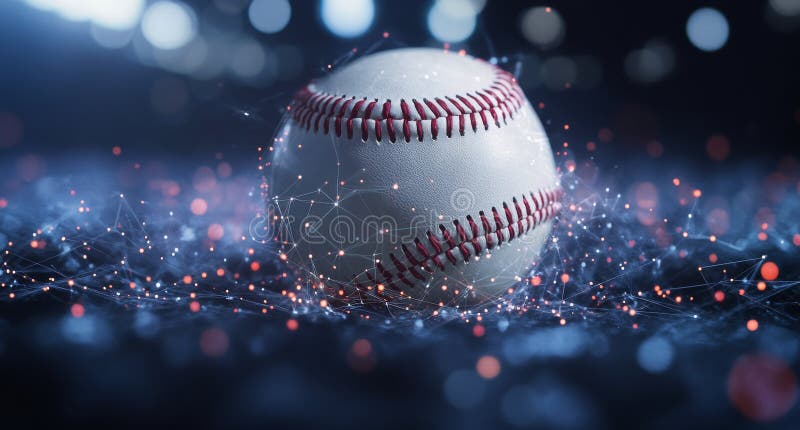 Baseball Resting on a Futuristic Surface with Glowing Lights in a ...