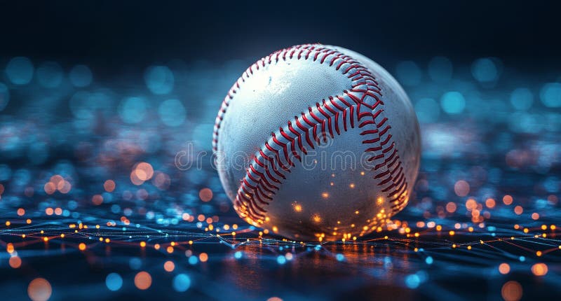 Baseball Resting on a Futuristic Surface with Glowing Lights in a ...