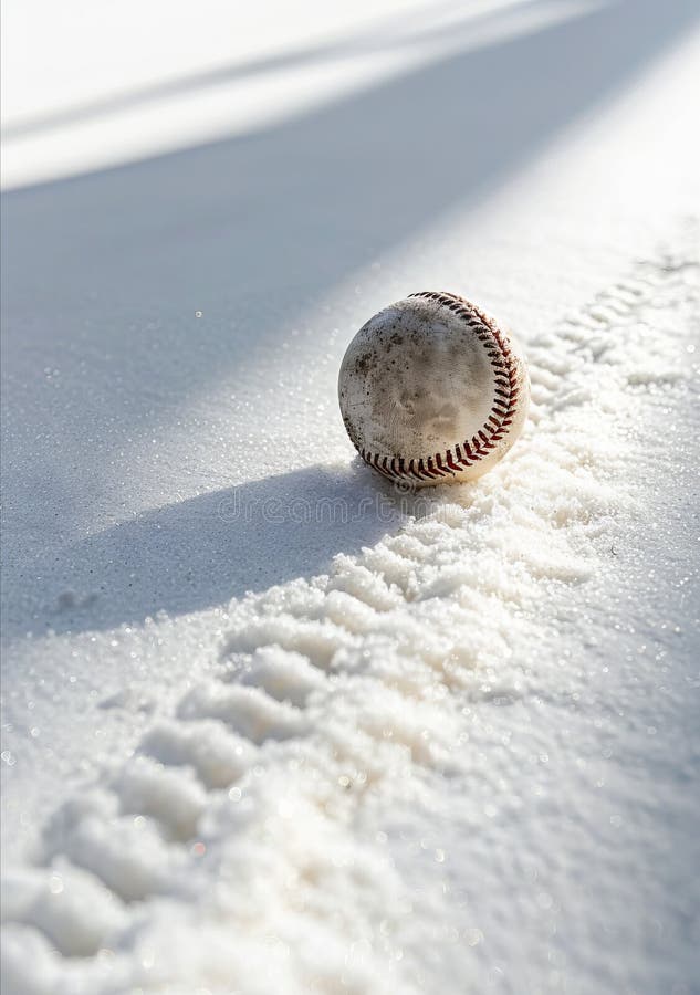 A Baseball Sitting on the Snow with Tracks in the Snow Stock Photo ...