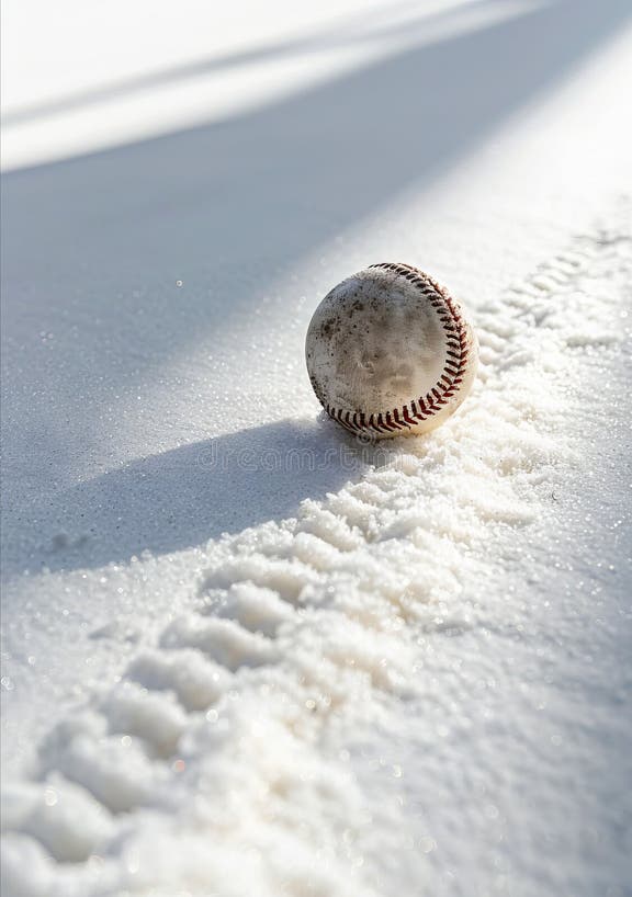 A Baseball Sitting on the Snow with Tracks in the Snow Stock Photo ...