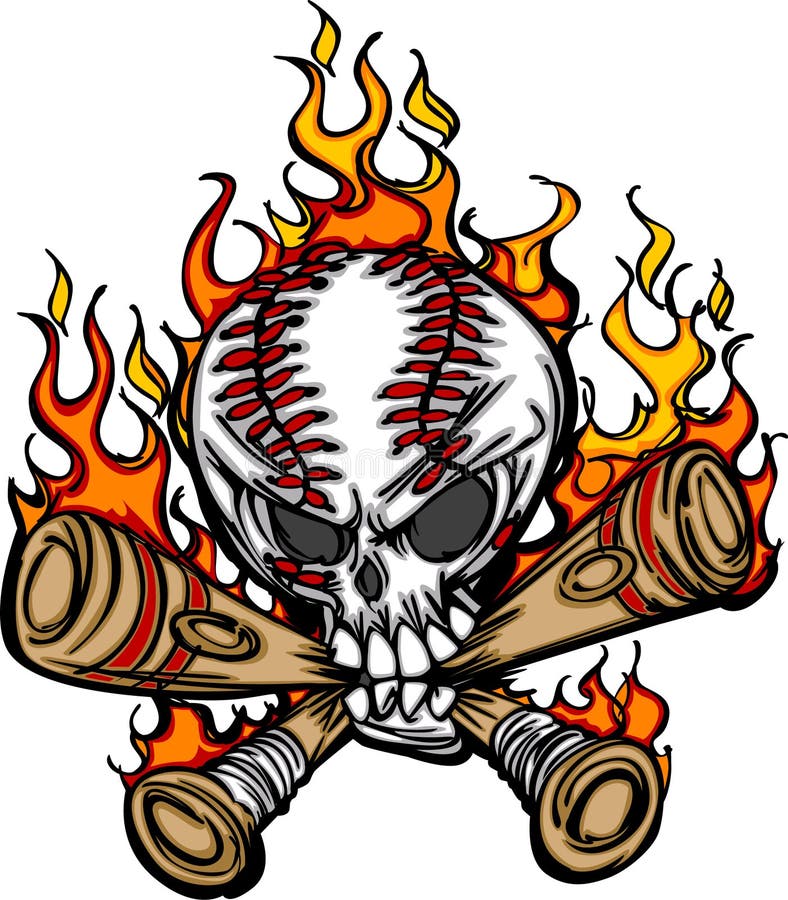 Baseball Skull Cartoon with Flaming Bats Vector Stock Vector ...