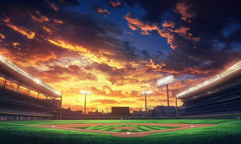 Baseball Stadium at Sunset with Dramatic Clouds and Vibrant Colors ...