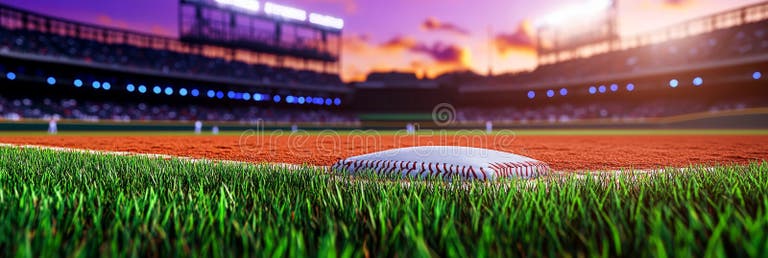 Baseball Stadium Sunset Baseball on the Grass Infield and Stadium in ...