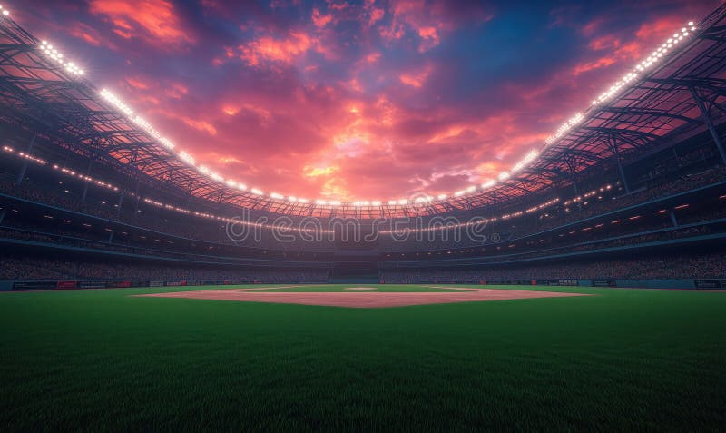 Baseball Stadium Sunset Vibrant Sky Illuminated Lights Stock Photos ...