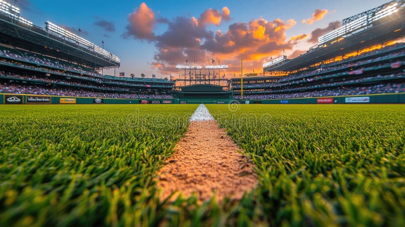 Baseball Stadium at Sunset with Vibrant Sky and Lush Green Field Stock ...