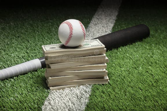 Baseball on Top of Stack of Money with Bat on Green Field with Stripe ...