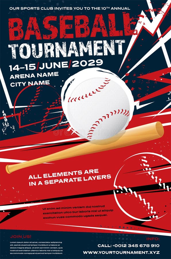 Baseball Tournament Dynamic Poster Template with Ball and Bat Stock ...