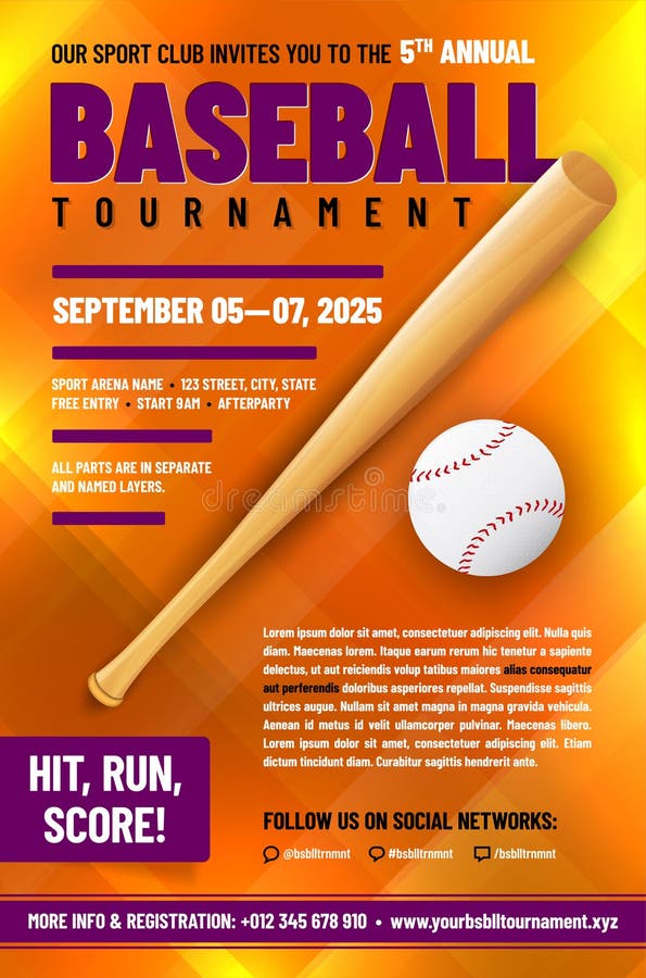 Baseball Tournament Poster Template with Ball and Bat Stock Vector ...