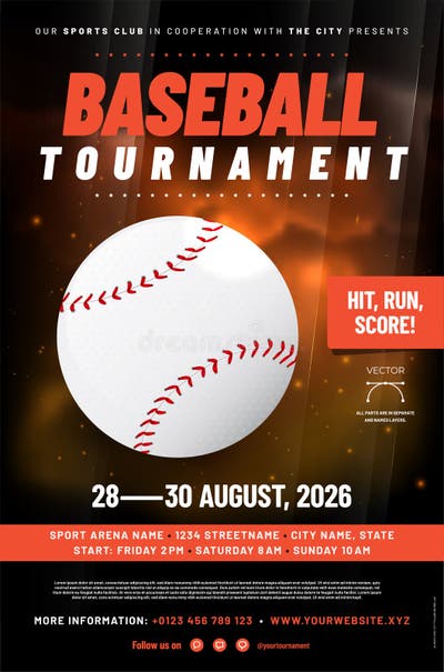 Baseball Tournament Poster Template with Ball and Sample Text Stock ...