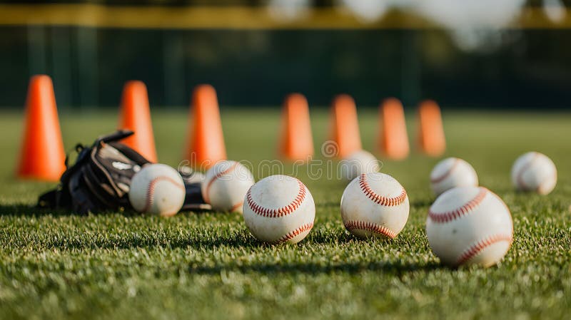 Baseball Training Setup Featuring Multiple Balls Scattered Across a ...