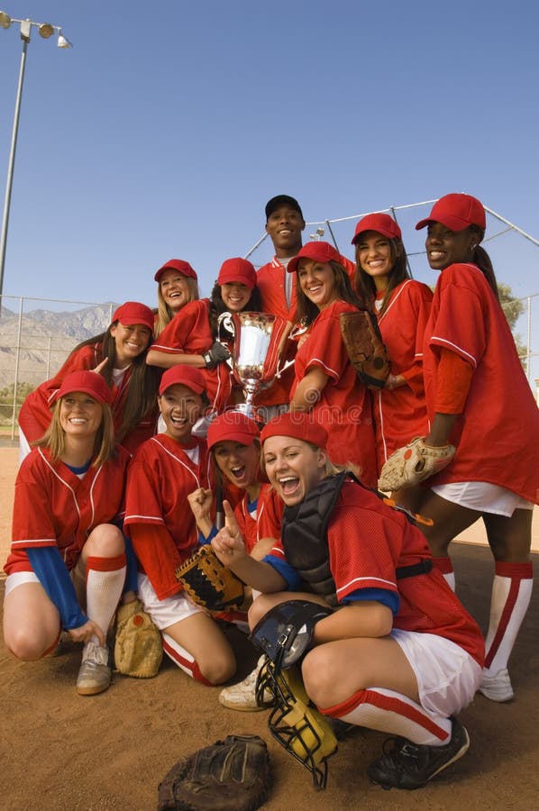 Baseball Women Team Holding Trophy Stock Photo - Image of ground ...