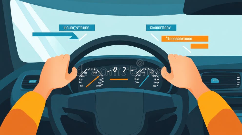 Illustration of a Man Driving a Car with Focus on Dashboard Data and ...