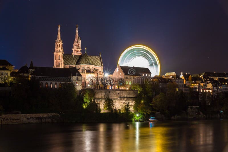 Basel Minster Over the Rhine by Night - Switzerland Stock Photo - Image ...