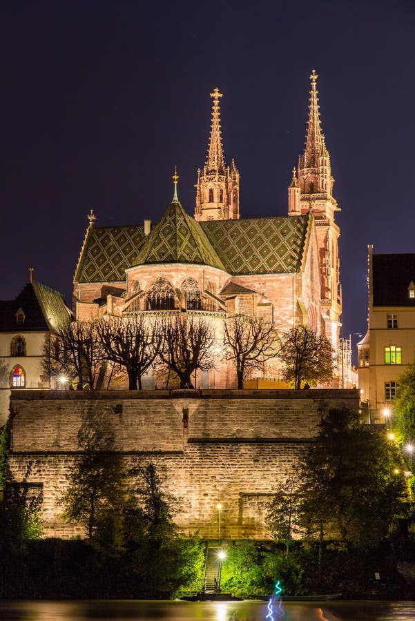Basel Minster Over Rhine by Night Stock Image - Image of gothic, nigh ...