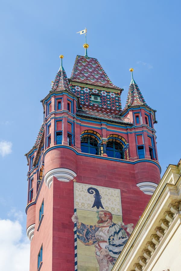 Basel Old Rathouse- Red Building with a Blue Sky in the Background ...