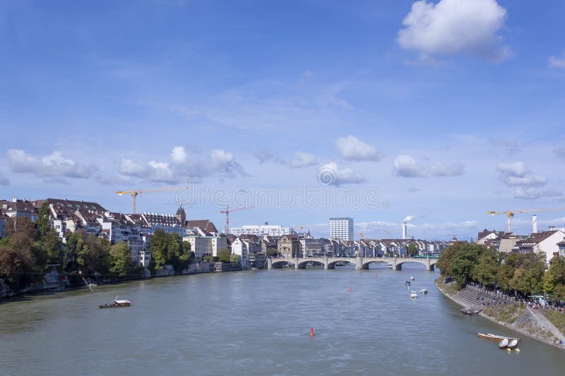 Basel-Stadt, Basel - View of River Rhine with Bridge in Background ...