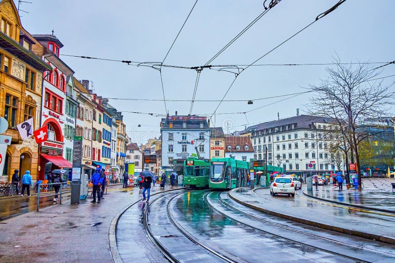 Cloudy and Reiny Day on Barfusserplatz Square in Basel, Switzerland ...