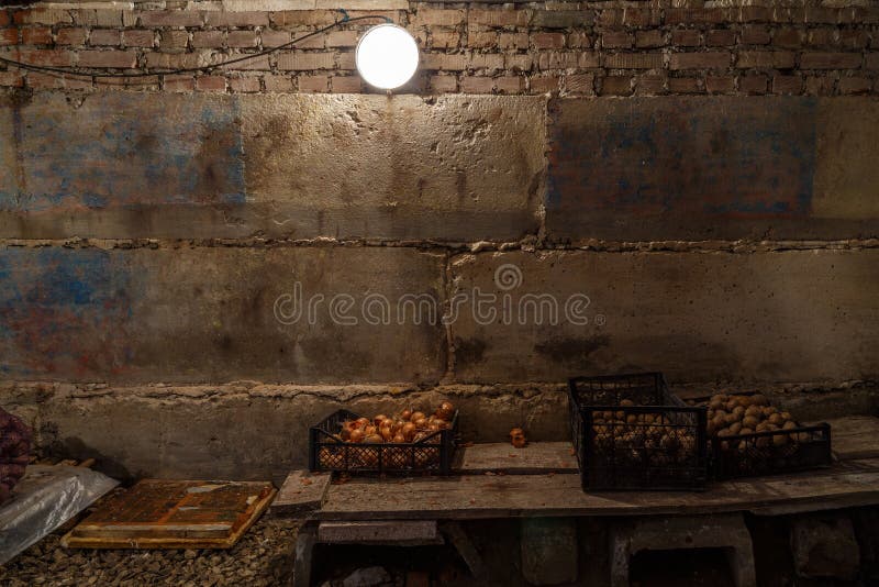 Basement with Few Onion and Potatoes Storage Stock Photo - Image of ...
