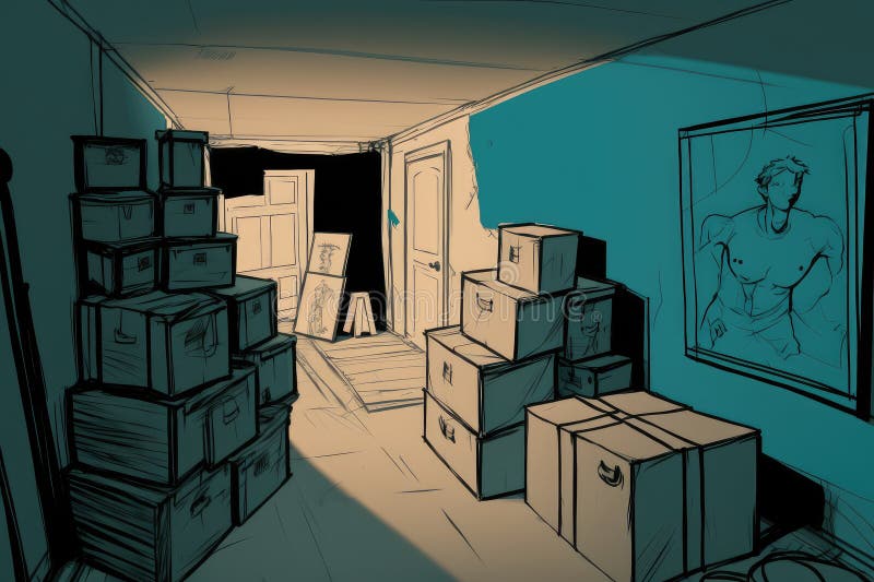 Basement Filled with Boxes and Other Storage Items, with a Hand-drawn ...