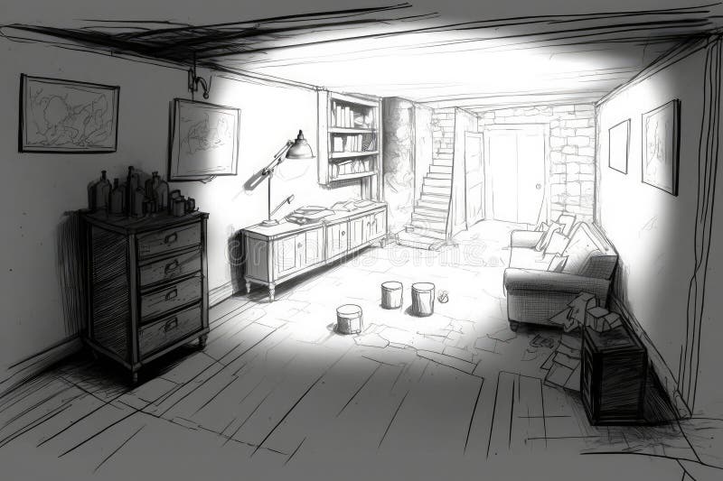 Basement Filled with Clutter, Pencil Sketch of an Empty Basement Stock ...