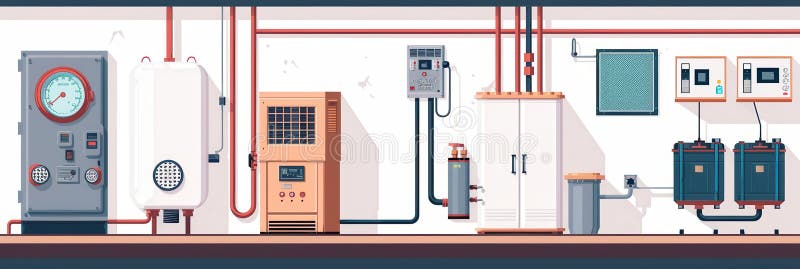 Modern Heating System Components in Basement Room Showing Gas Boiler ...