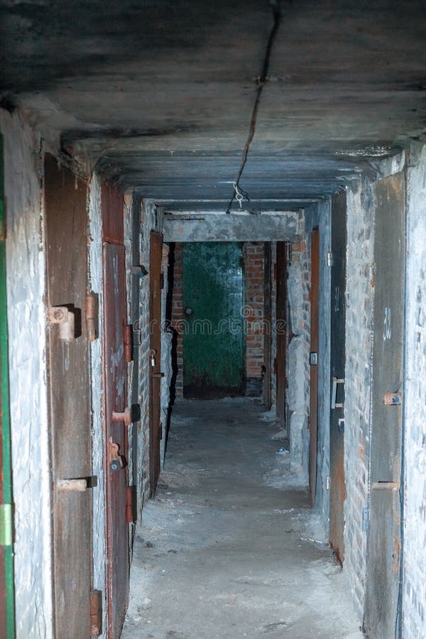 Basement Long Corridor with Old Rusty Metal Doors Stock Image - Image ...