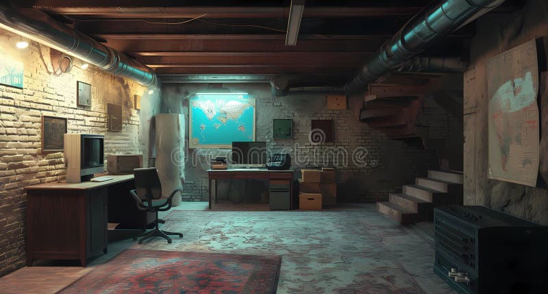 Basement with an Old Map and Computer Stock Illustration - Illustration ...