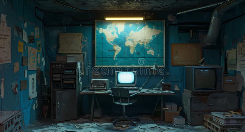 Basement with an Old Map and Computer Stock Illustration - Illustration ...