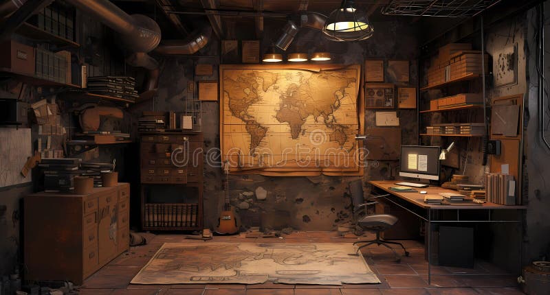 Basement with an Old Map and Computer Stock Illustration - Illustration ...