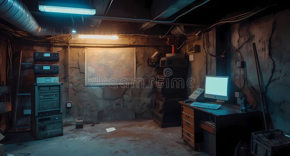 Basement with an Old Map and Computer Stock Illustration - Illustration ...