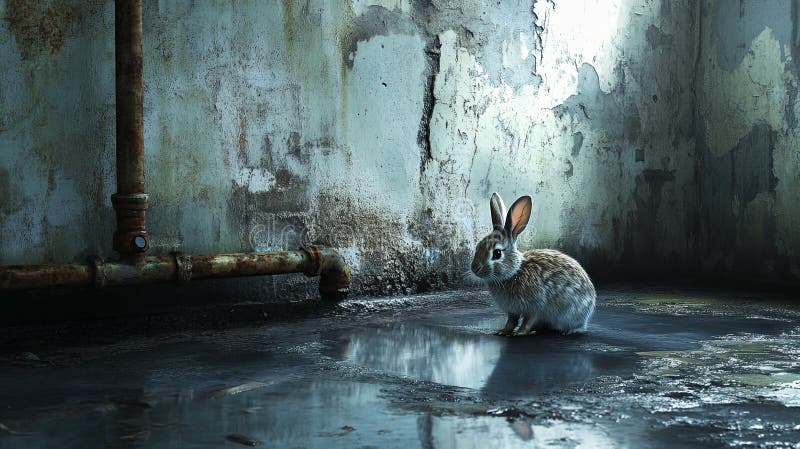 A Basement with a Puddle of Water from a Leaky Pipe, and a Rabbit Stock ...