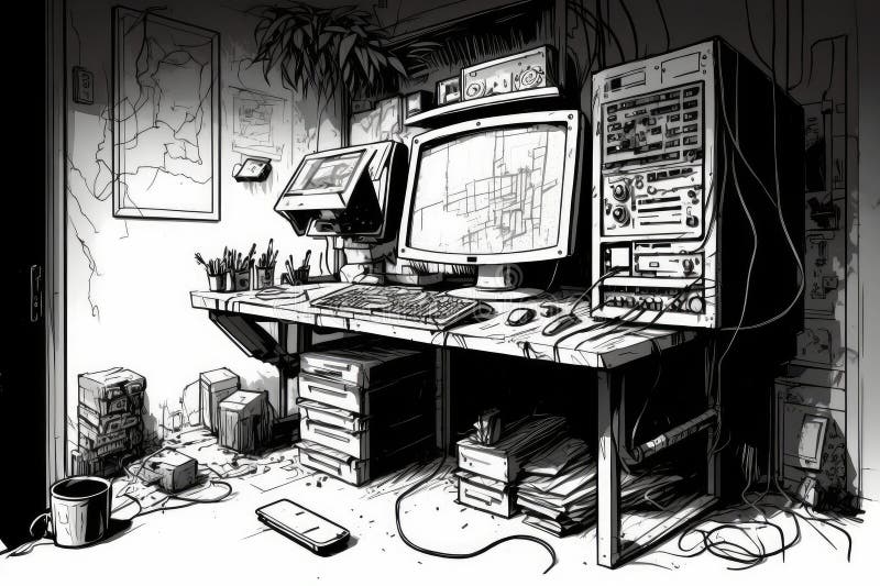 Basement Sketch with Hacker Setup and Various Computer Parts Stock ...