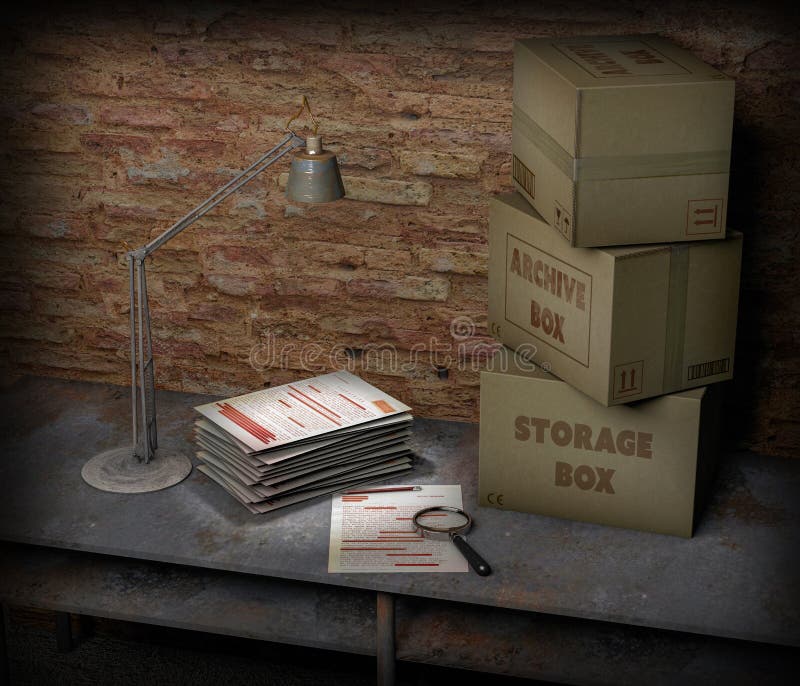 Basement Table with Boxes and Top Secret File. Table Lamp, Magnifying ...