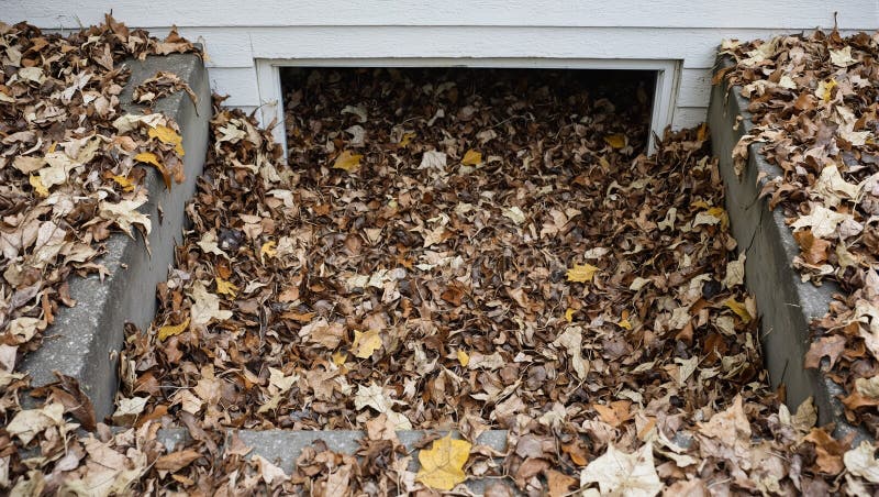 Basement Window Covered in Wet Leaves Blocking Light and Creating a ...