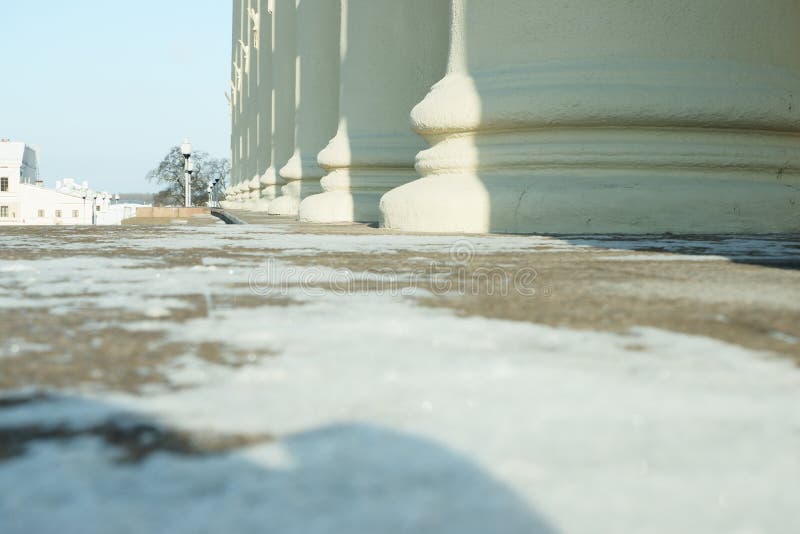 The Bases of the Columns of the Building are in a Row in Winter. Stock ...