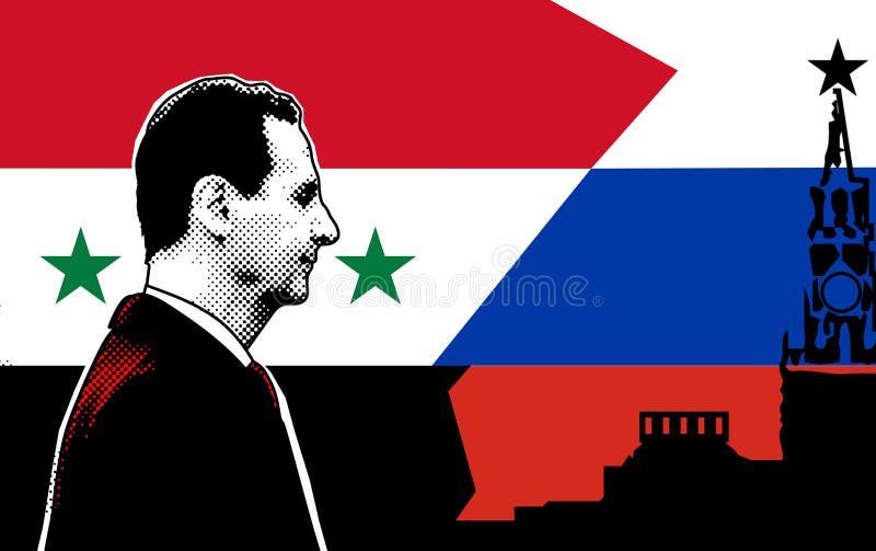 Bashar Al-Assad Against the Backdrop of the Syrian Flag, the Russian ...
