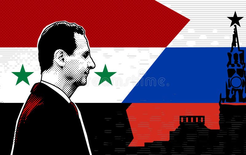 Bashar Al-Assad Against the Backdrop of the Syrian Flag, the Russian ...